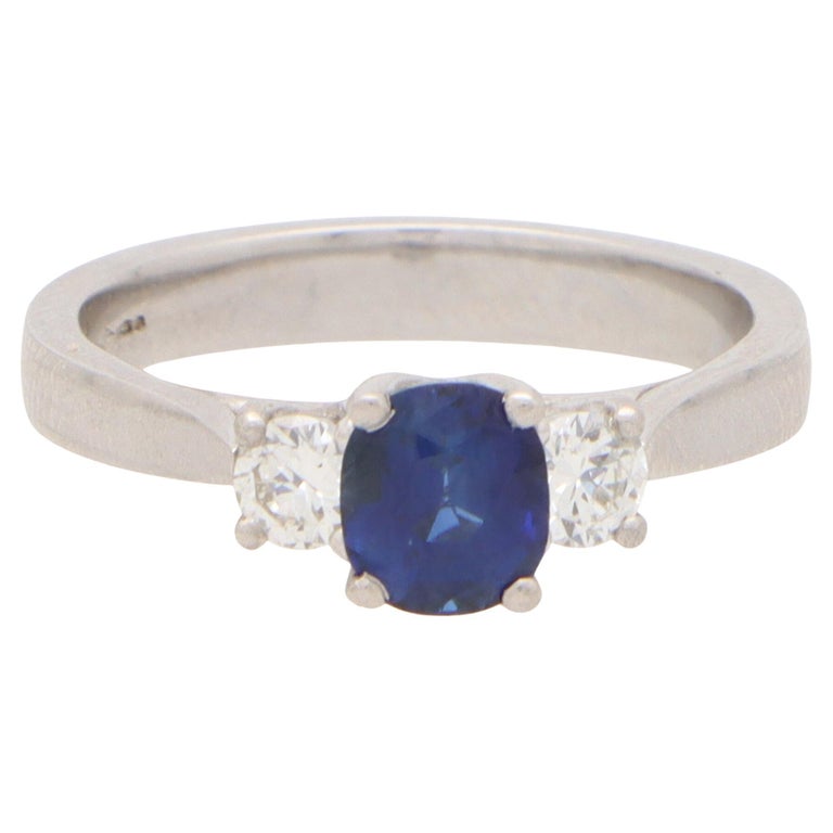 Contemporary Blue Sapphire and Diamond Three Stone Ring in Platinum For ...