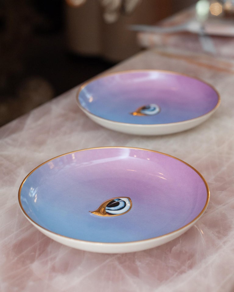 Contemporary Blue to Pink Gradient Porcelain Dish with Eye and Gilding ...