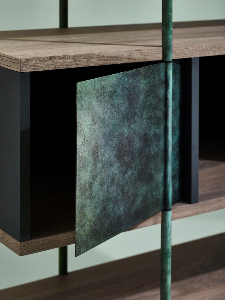 Contemporary Bookcase B, Etched Brass, Pivoting Doors and Stone Elm ...