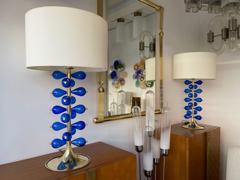 Contemporary Brass Pair of Lamps Blue Murano Glass Bubble Drop, Italy ...