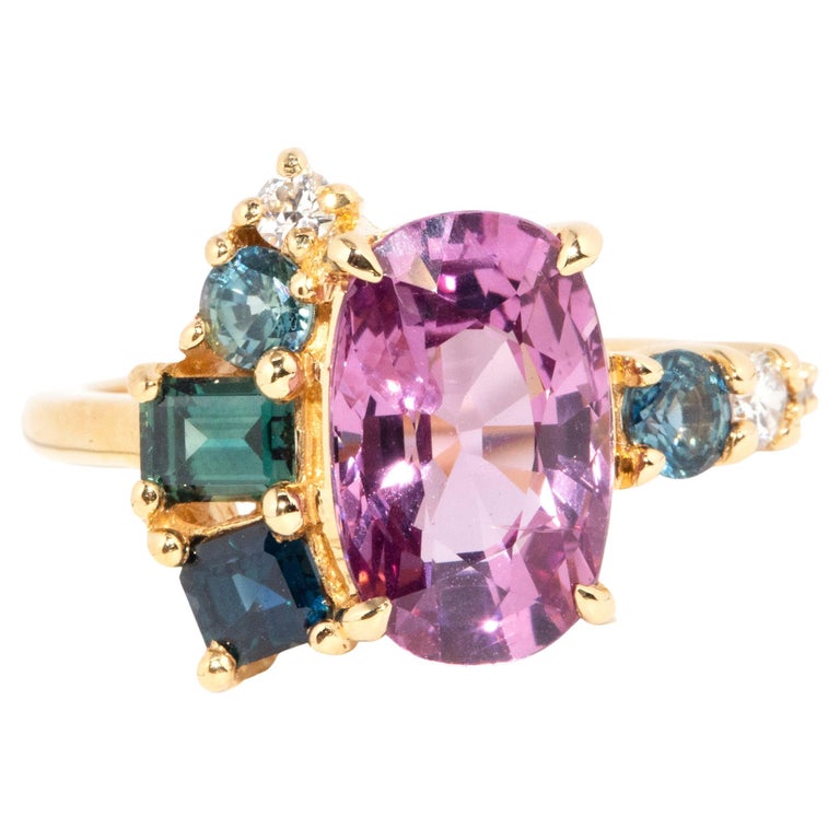 Contemporary Bright Pink Spinel Sapphire and Diamond 18 Carat Yellow ...