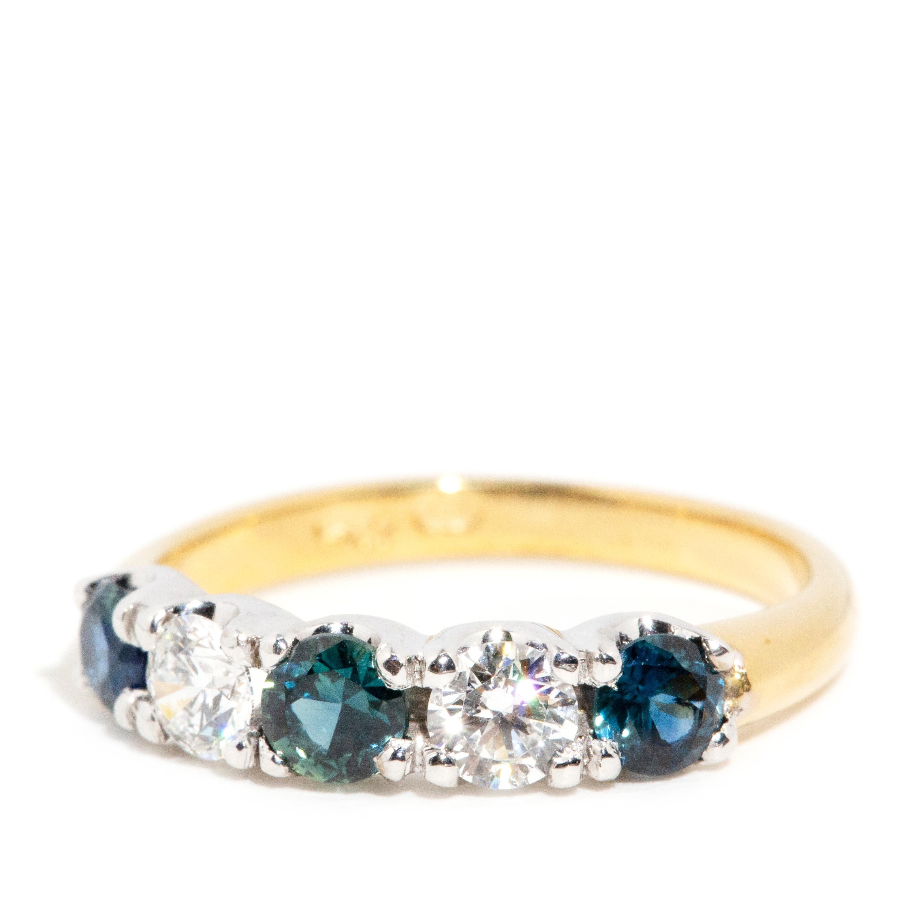 Contemporary Bright Teal Sapphire and Diamond Ring 18 Carat Yellow and ...