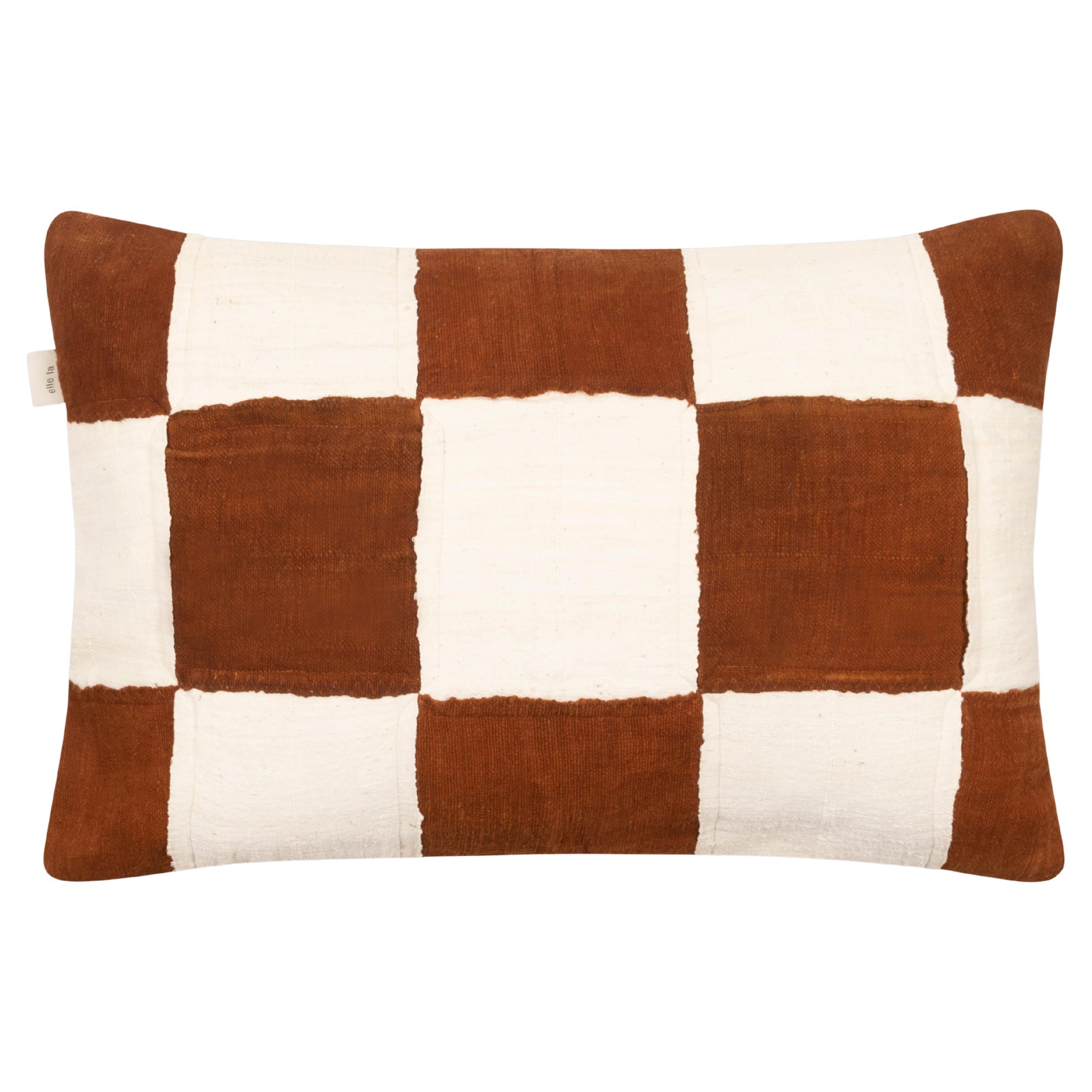 Contemporary Brown and White Checkered Cushion Cover, Handwoven in Mali ...