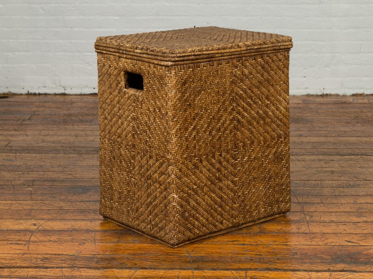 Burmese Handwoven Rattan Storage Box Hamper with Pierced Handles at 1stDibs