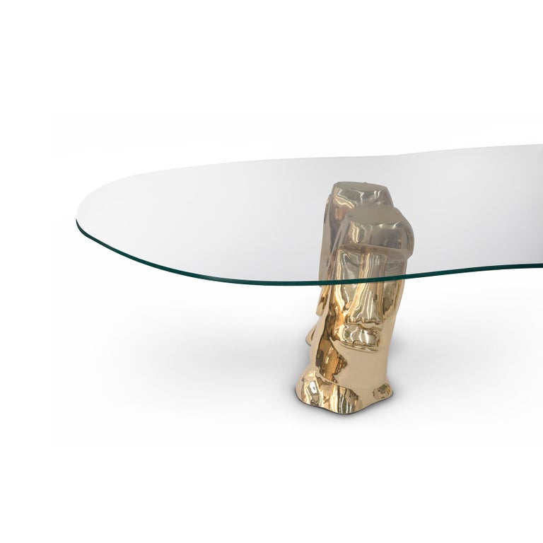 Contemporary Moai Dining Table in Polished Brass Cast and Glass ...
