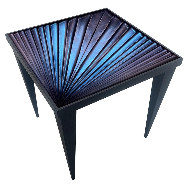 Contemporary ‘Square’ Table Blue Crystal and Oak Wood Handmade by Ghirò ...