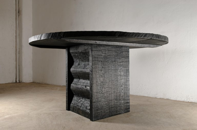 Contemporary Carved Round Table in Solid Oakwood, Black, 'Custom Size M ...