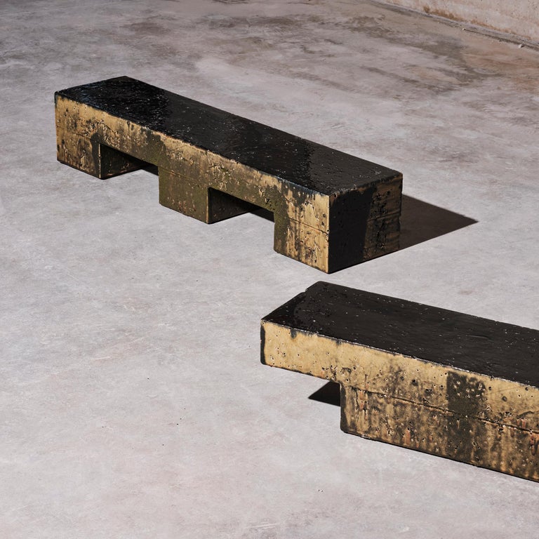 Contemporary Ceramic Coffeetable Bench Glazed Stoneware Yellow Green ...