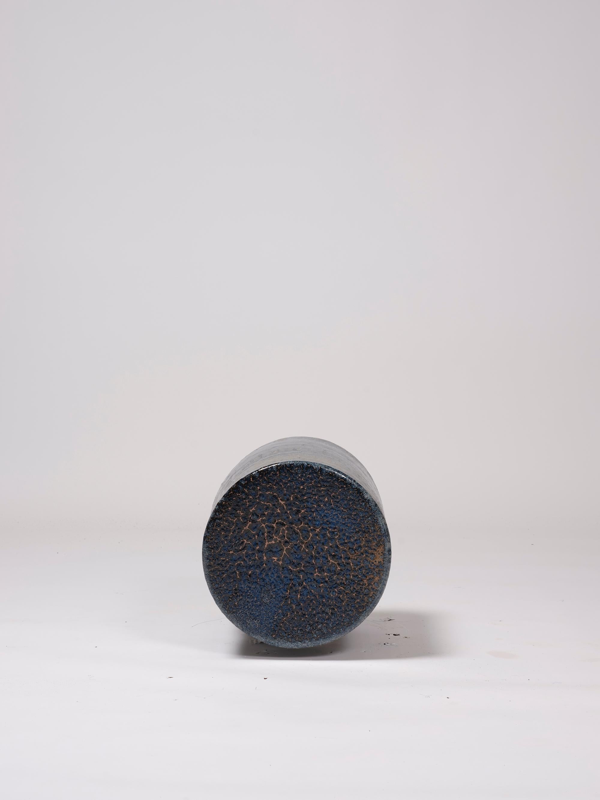 Contemporary Ceramic Side Table Column Stool Glazed Stoneware Cobalt ...