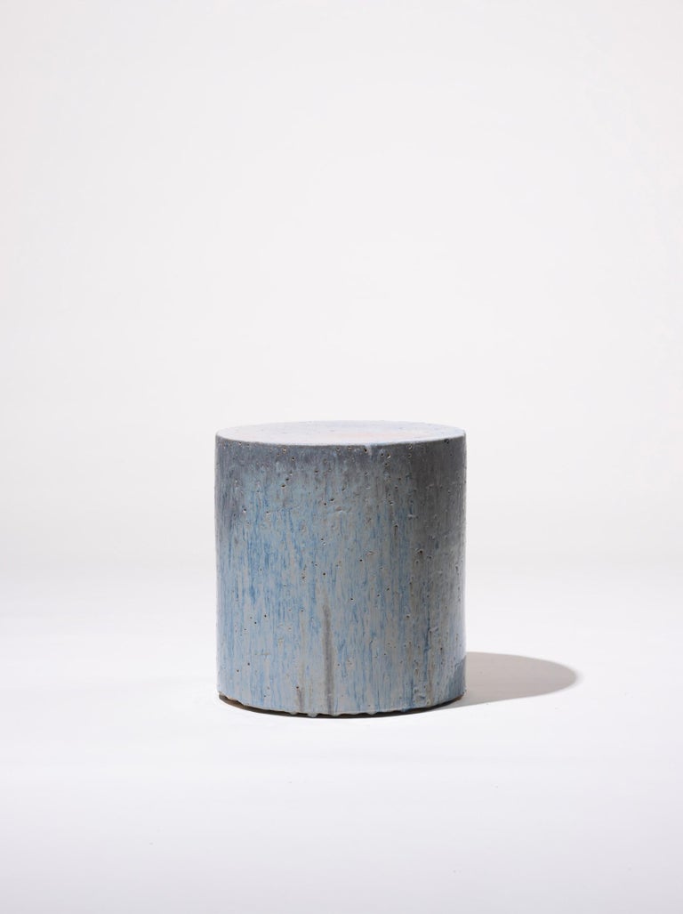Contemporary Ceramic Side Table Column Stool Glazed Stoneware Cobalt ...