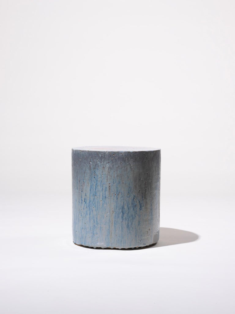 Contemporary Ceramic Side Table Column Stool Glazed Stoneware Cobalt ...