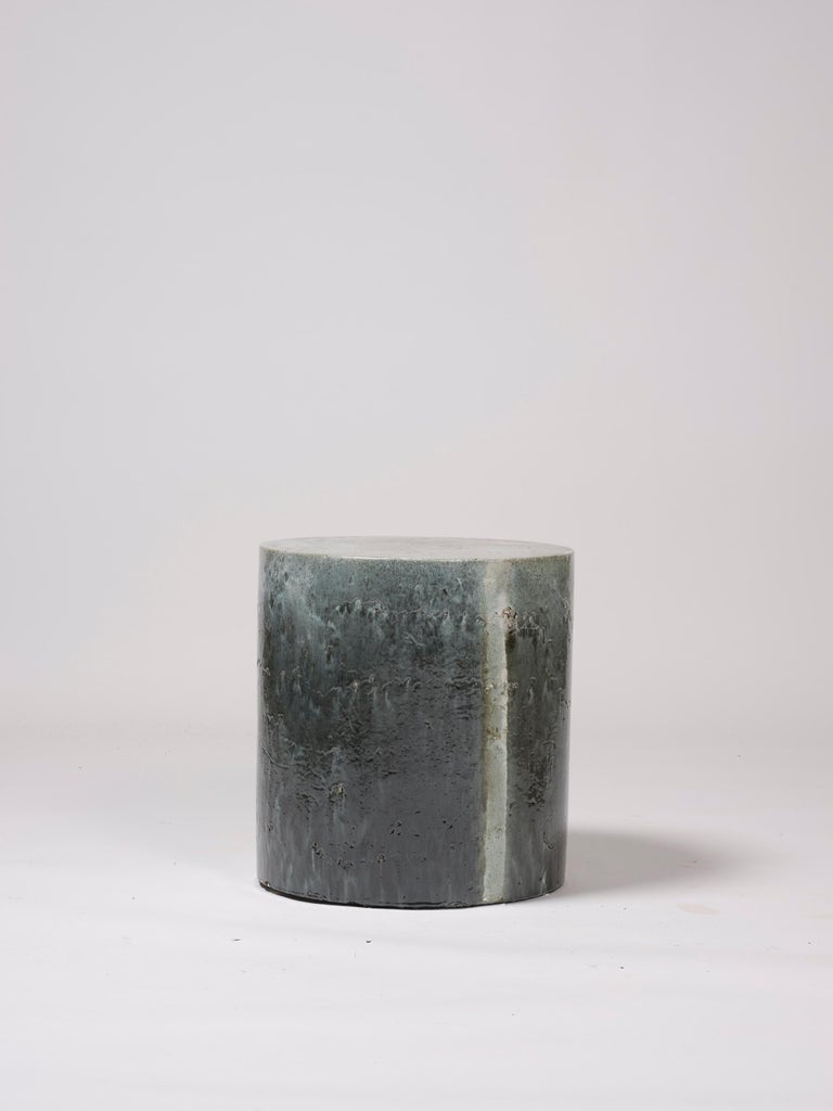 Contemporary Ceramic Side Table Column Stool Glazed Stoneware Turquoise ...