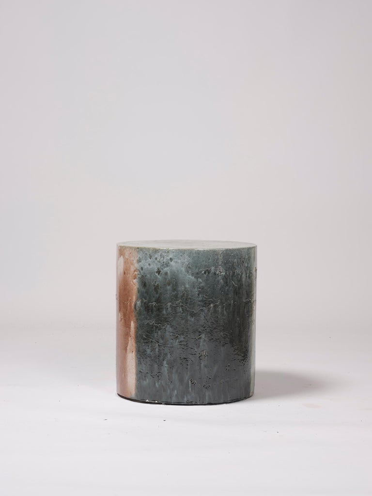 Contemporary Ceramic Side Table Column Stool Glazed Stoneware Turquoise ...