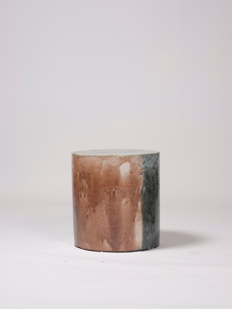 Contemporary Ceramic Side Table Column Stool Glazed Stoneware Turquoise ...