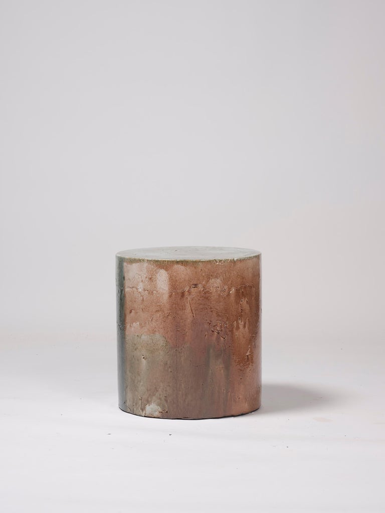 Contemporary Ceramic Side Table Column Stool Glazed Stoneware Turquoise ...