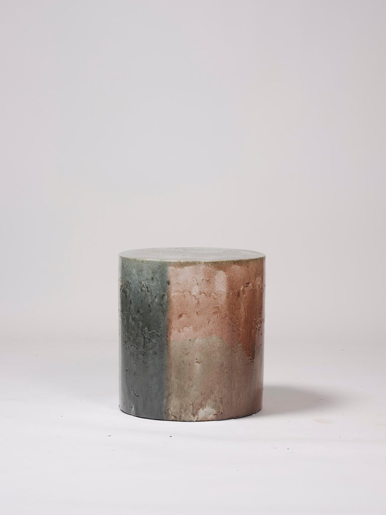 Contemporary Ceramic Side Table Column Stool Glazed Stoneware Turquoise ...