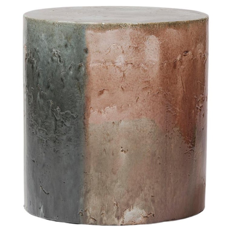 Contemporary Ceramic Side Table Column Stool Glazed Stoneware Turquoise ...