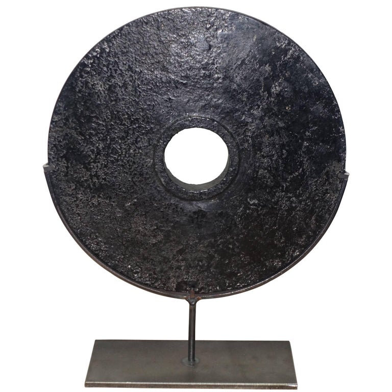 Contemporary Chinese Black Stone Disc Sculpture on Stand at 1stDibs