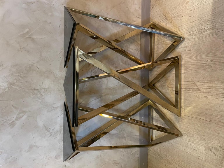 Contemporary Chromed Metal and Smoked Glass Triptych Console Table For ...