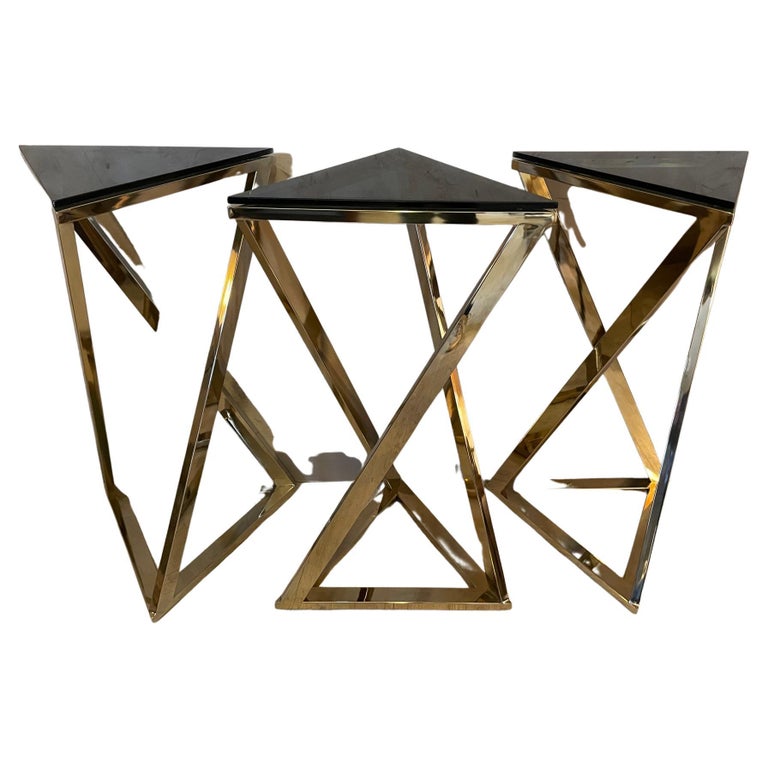 Contemporary Chromed Metal and Smoked Glass Triptych Console Table For ...