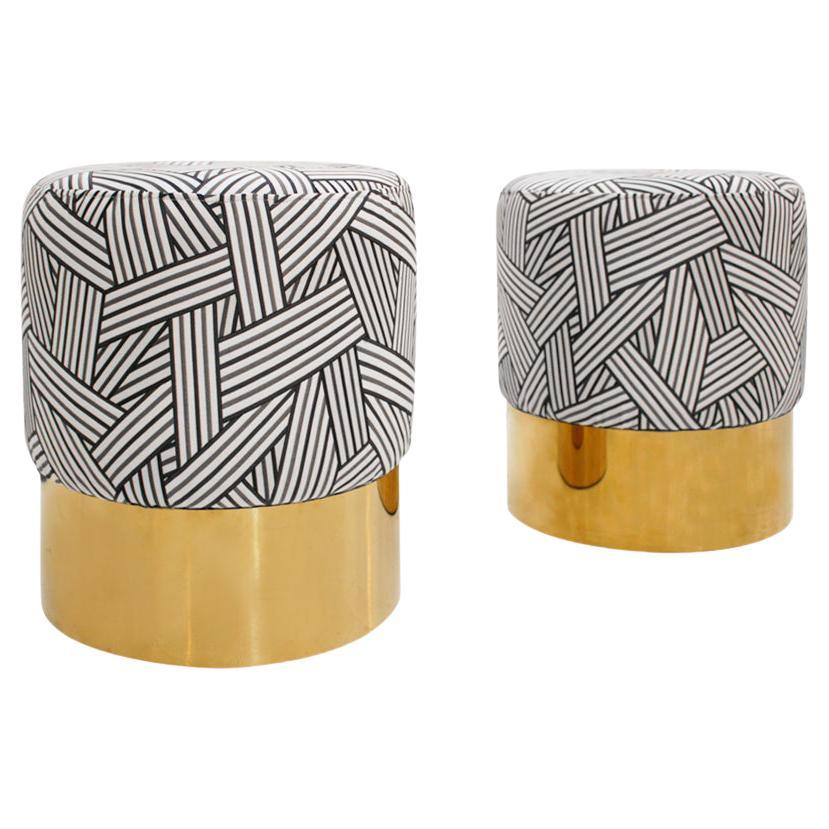 Contemporary Circular Cotton Jacquard and Brass Pair of Italian Poufs ...
