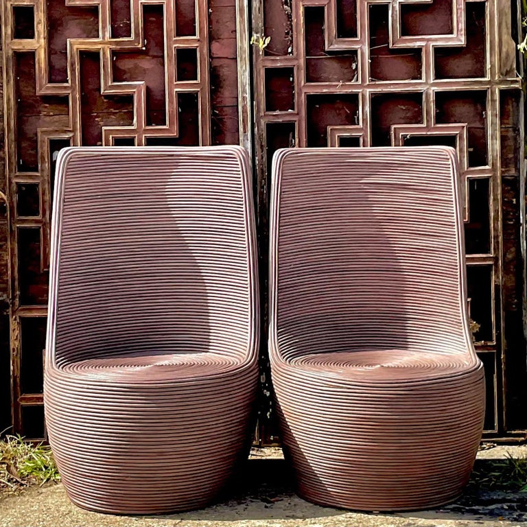 Contemporary Coastal Pencil Reed Blade Back Lounge Chair, a Pair For ...