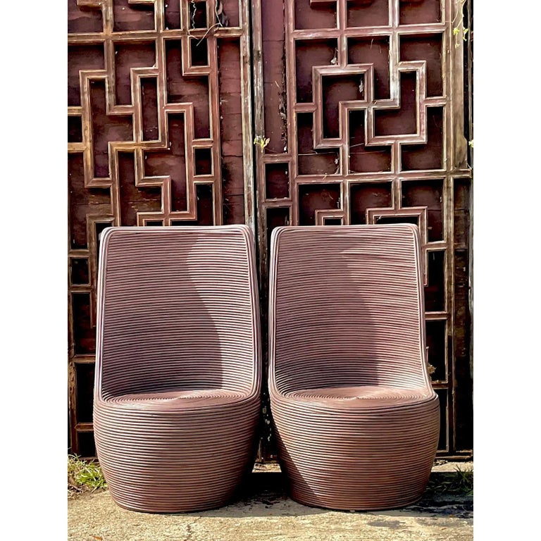 Contemporary Coastal Pencil Reed Blade Back Lounge Chair, a Pair For ...