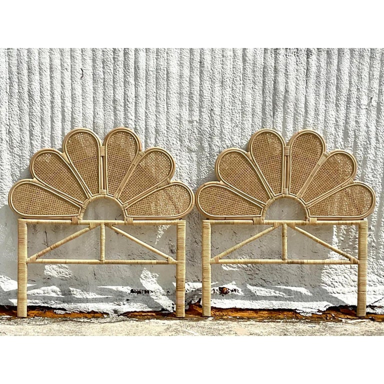 Contemporary Coastal Scalloped Cane Twin Headboards, Pair For Sale at ...
