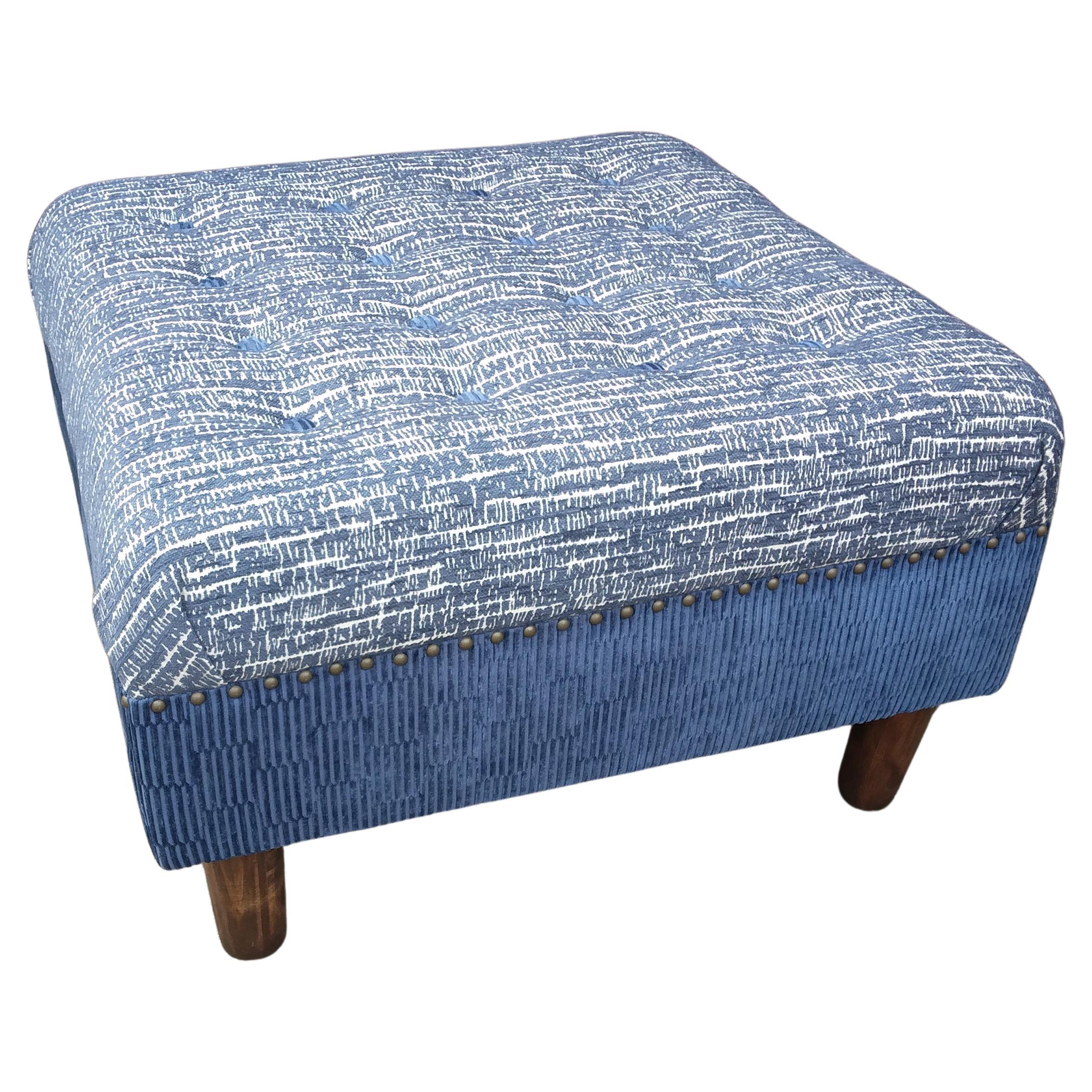 Contemporary Tufted Ottoman in Textured Blue Chenille For Sale at ...
