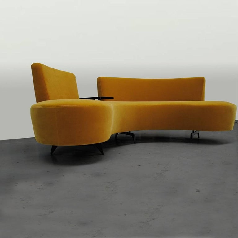 Contemporary Curved Conversation Sofa in Yellow Velvet with Table For ...