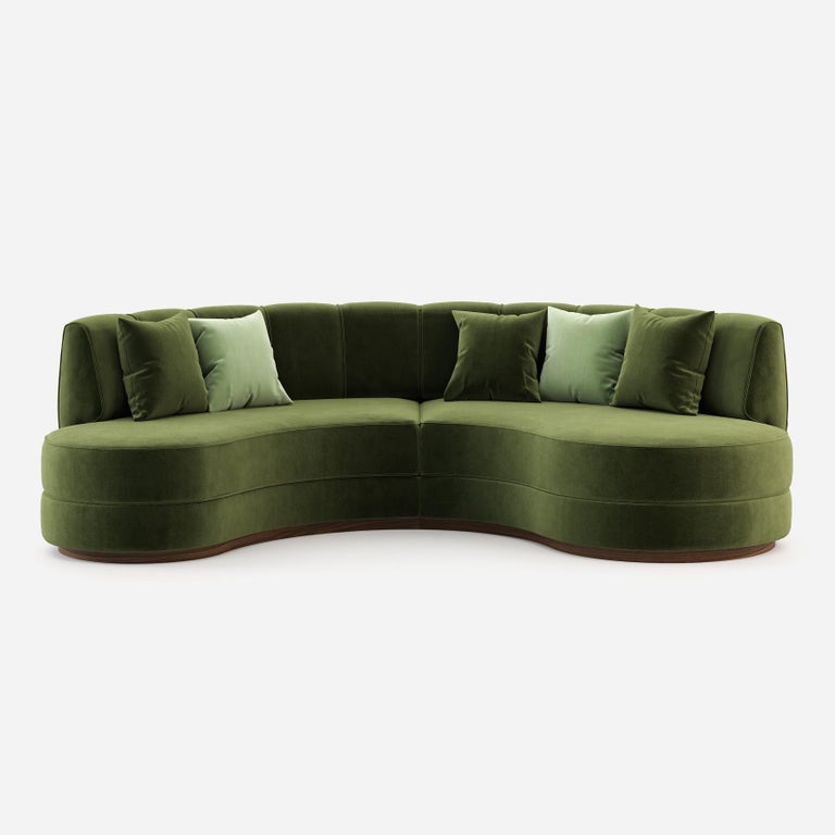 Contemporary Curved Velvet Sofa in Eden Green Velvet and Walnut For ...