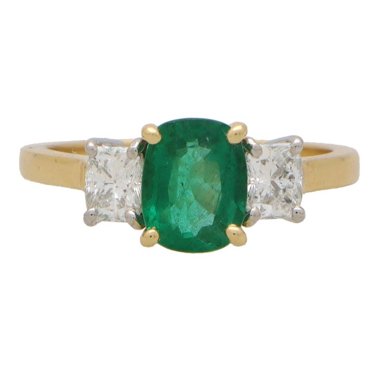 Contemporary Cushion Cut Emerald and Diamond Three Stone Ring in 18k ...