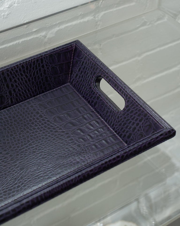 Contemporary Deep Purple Crocodile Embossed Leather Rectangular Tray ...