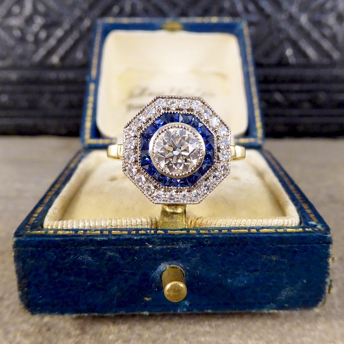 Contemporary Diamond and Sapphire Target Ring Modelled in 18 Carat Gold ...