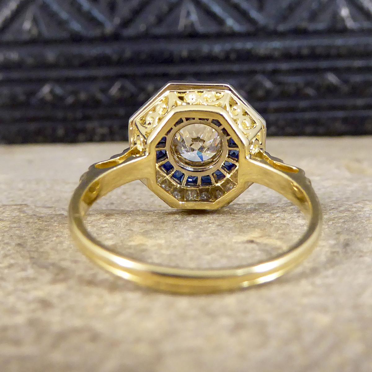 Contemporary Diamond and Sapphire Target Ring Modelled in 18 Carat Gold ...