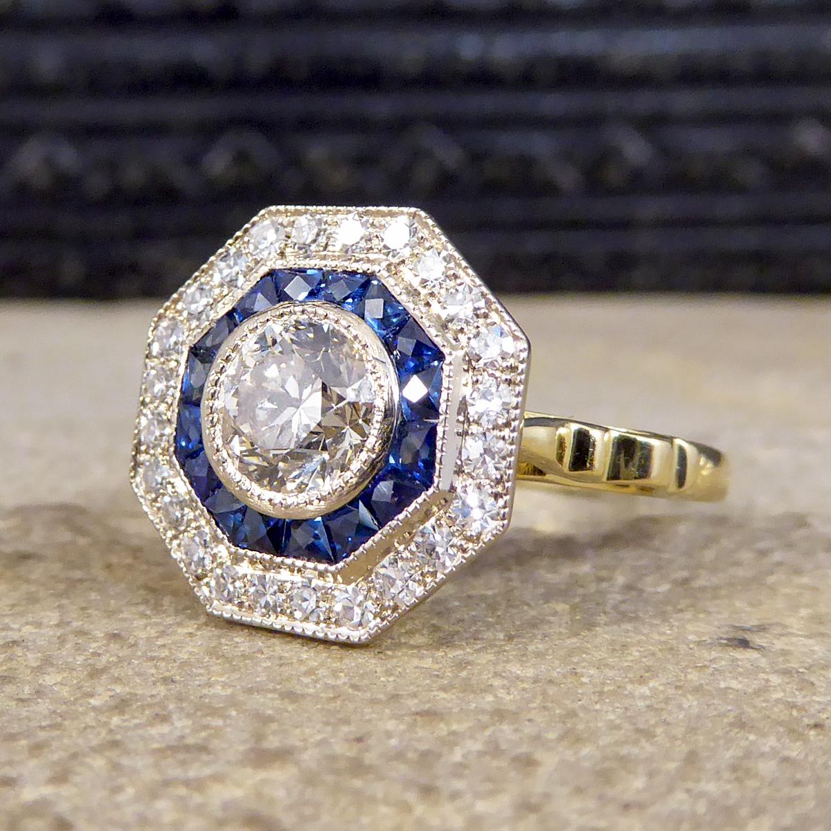 Contemporary Diamond and Sapphire Target Ring Modelled in 18 Carat Gold ...