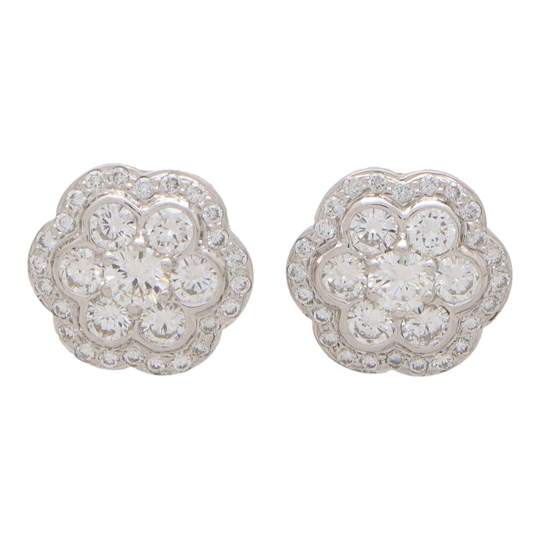 Contemporary Diamond Floral Cluster Earrings Set in 18k White Gold For ...
