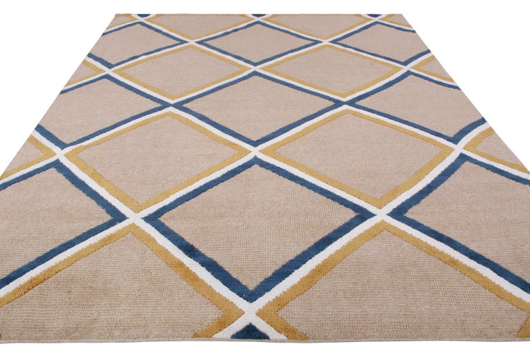 Rug and Kilim's Contemporary Diamond Pattern Rug Beige Gold and Blue ...