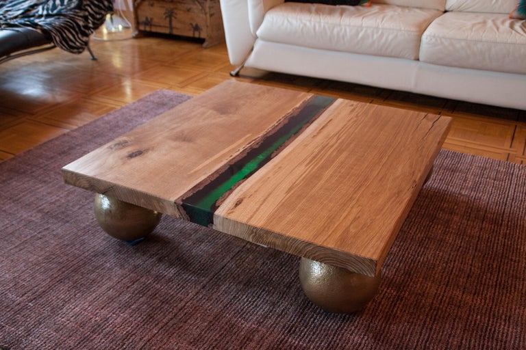 Contemporary Durmast Coffee Table with Emerald Resin Band and Bowling ...