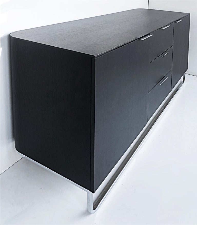 Contemporary Ebonized Wood and Chrome Credenza, 2 Doors Flanking 3 ...