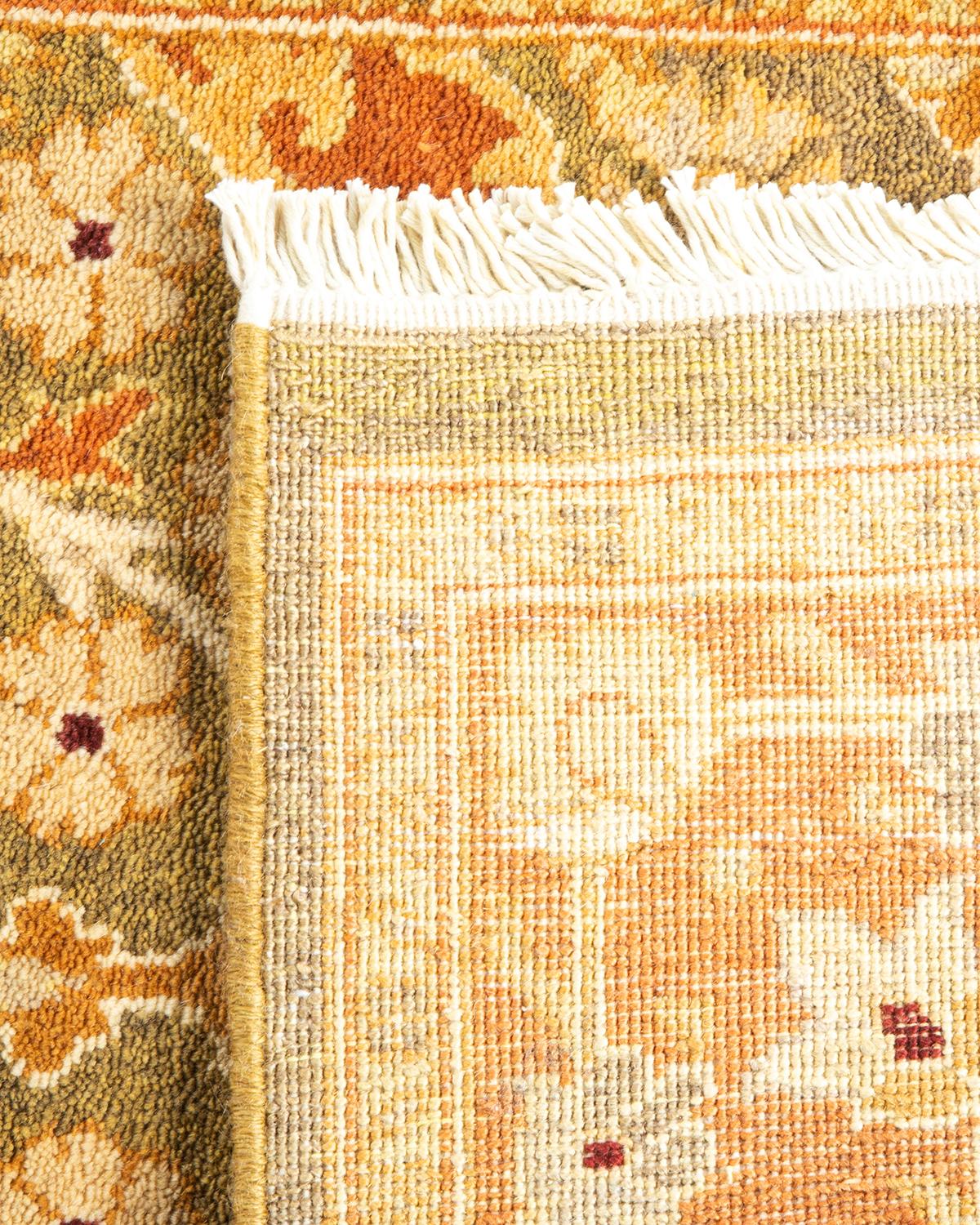 Contemporary Eclectic Hand Knotted Wool Green Runner For Sale at 1stDibs