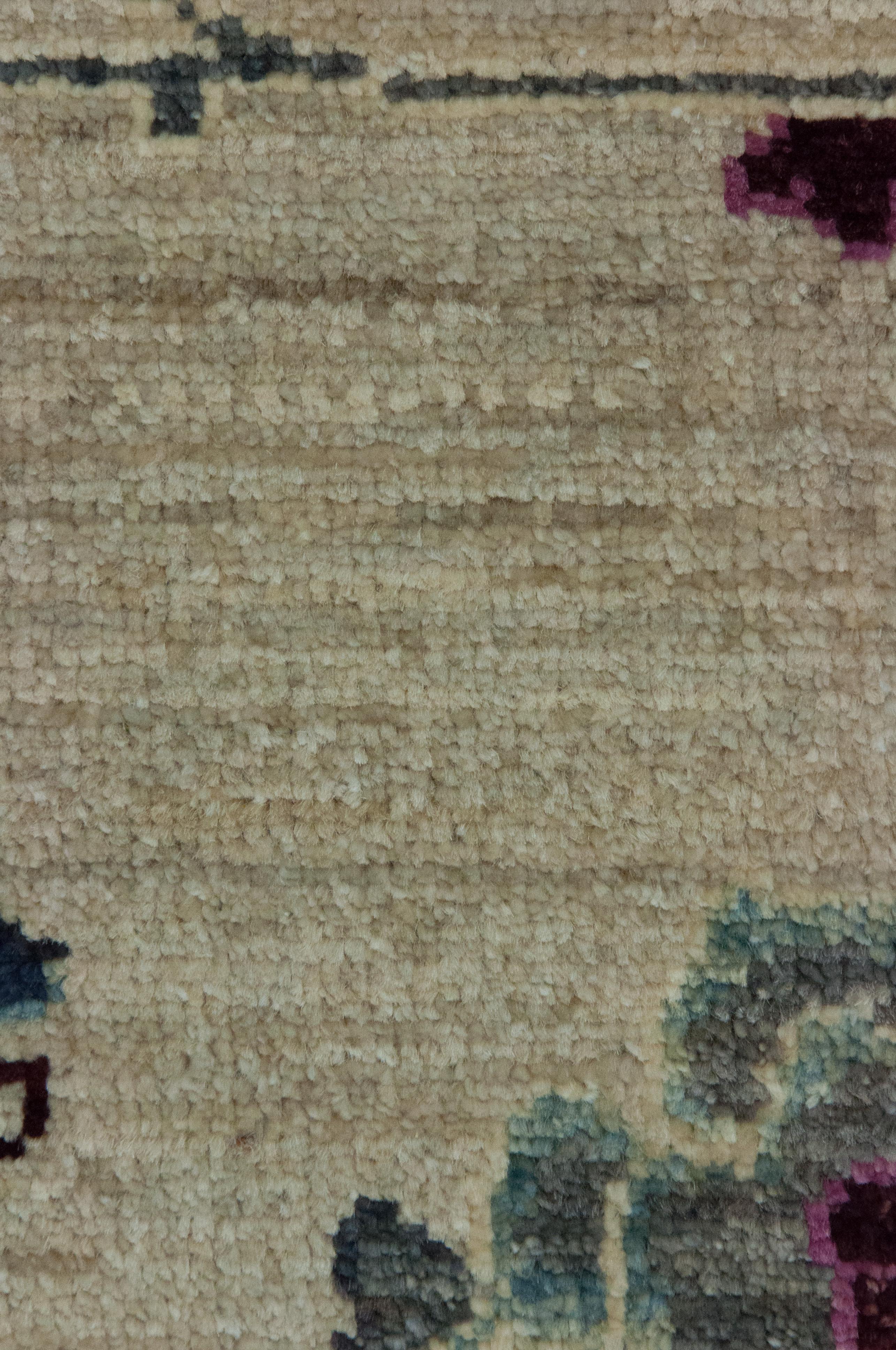 Contemporary Eclectic Hand Knotted Wool Ivory Runner For Sale at 1stDibs