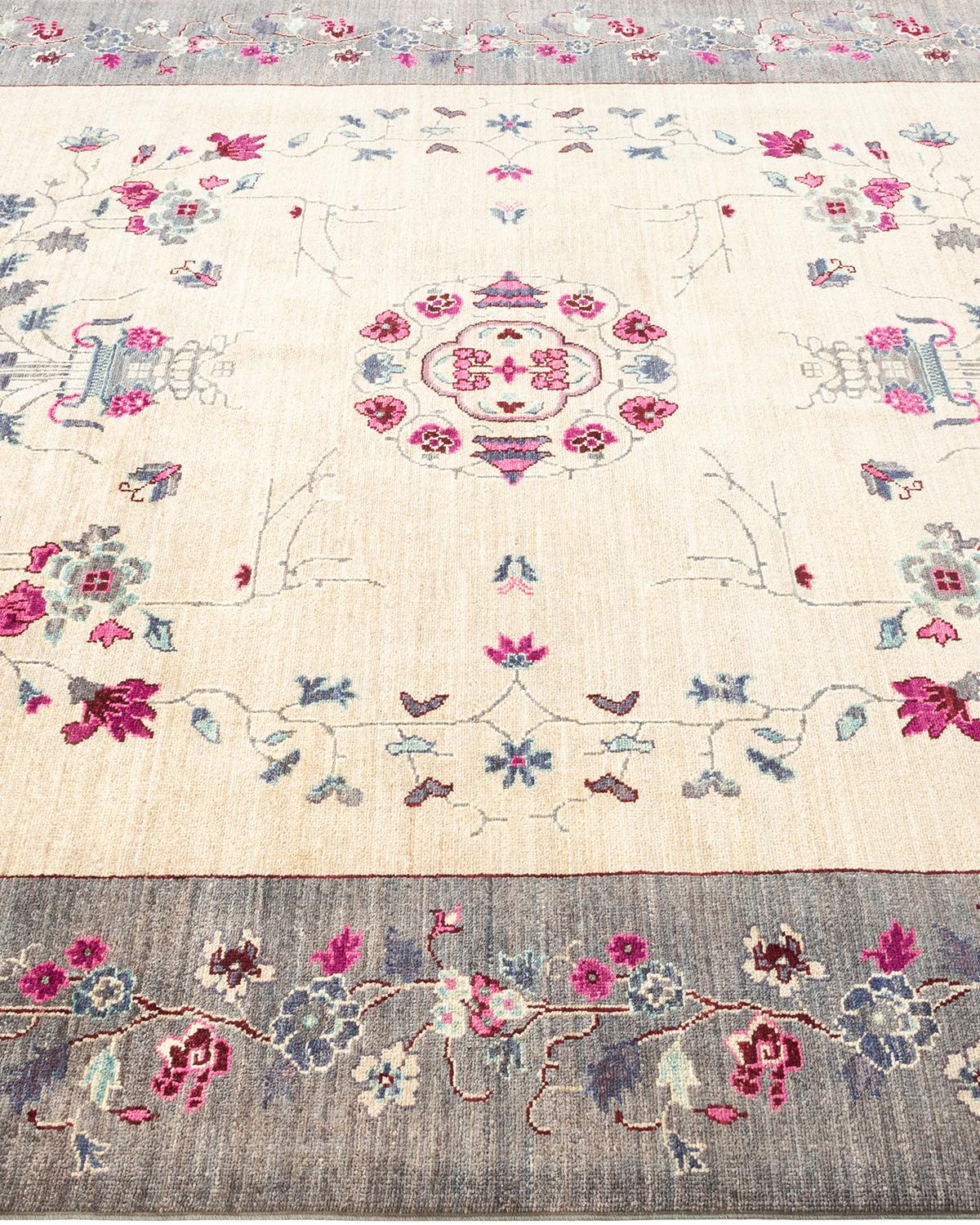 Contemporary Eclectic Hand Knotted Wool Ivory Runner For Sale at 1stDibs