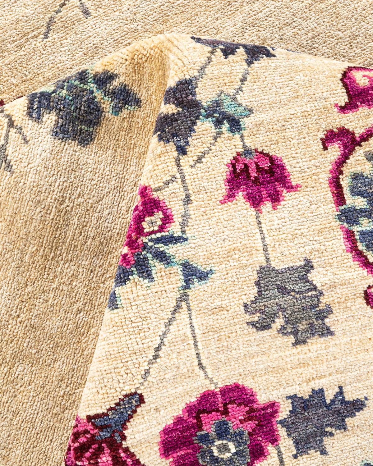 Contemporary Eclectic Hand Knotted Wool Ivory Runner For Sale at 1stDibs