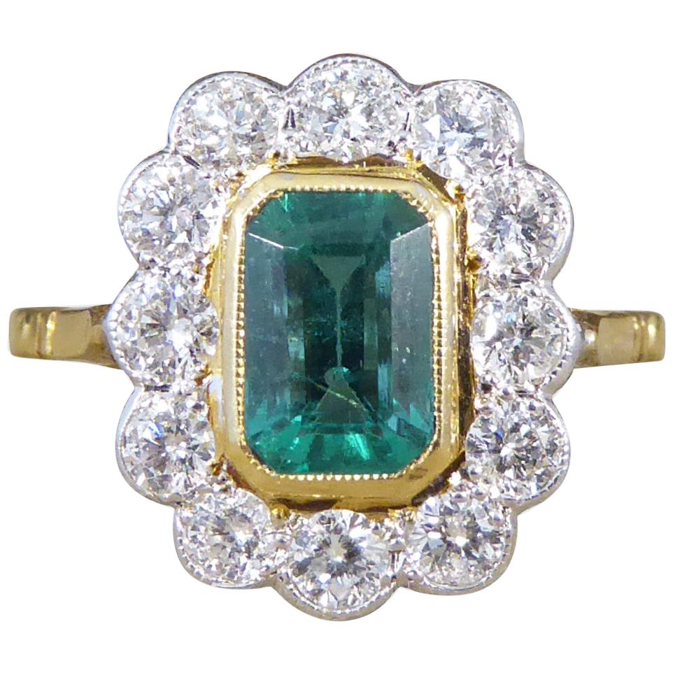 Contemporary Edwardian Style 0.85ct Emerald and Diamond Cluster Ring in ...