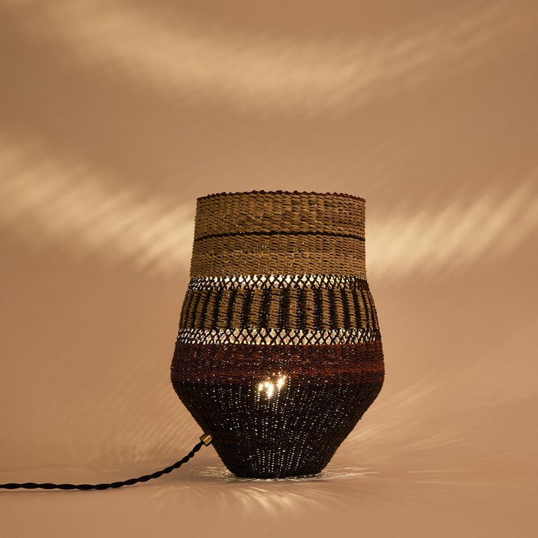 Contemporary Ethnic Handwoven Straw Basket Lamp Natural Nutty Brown and ...