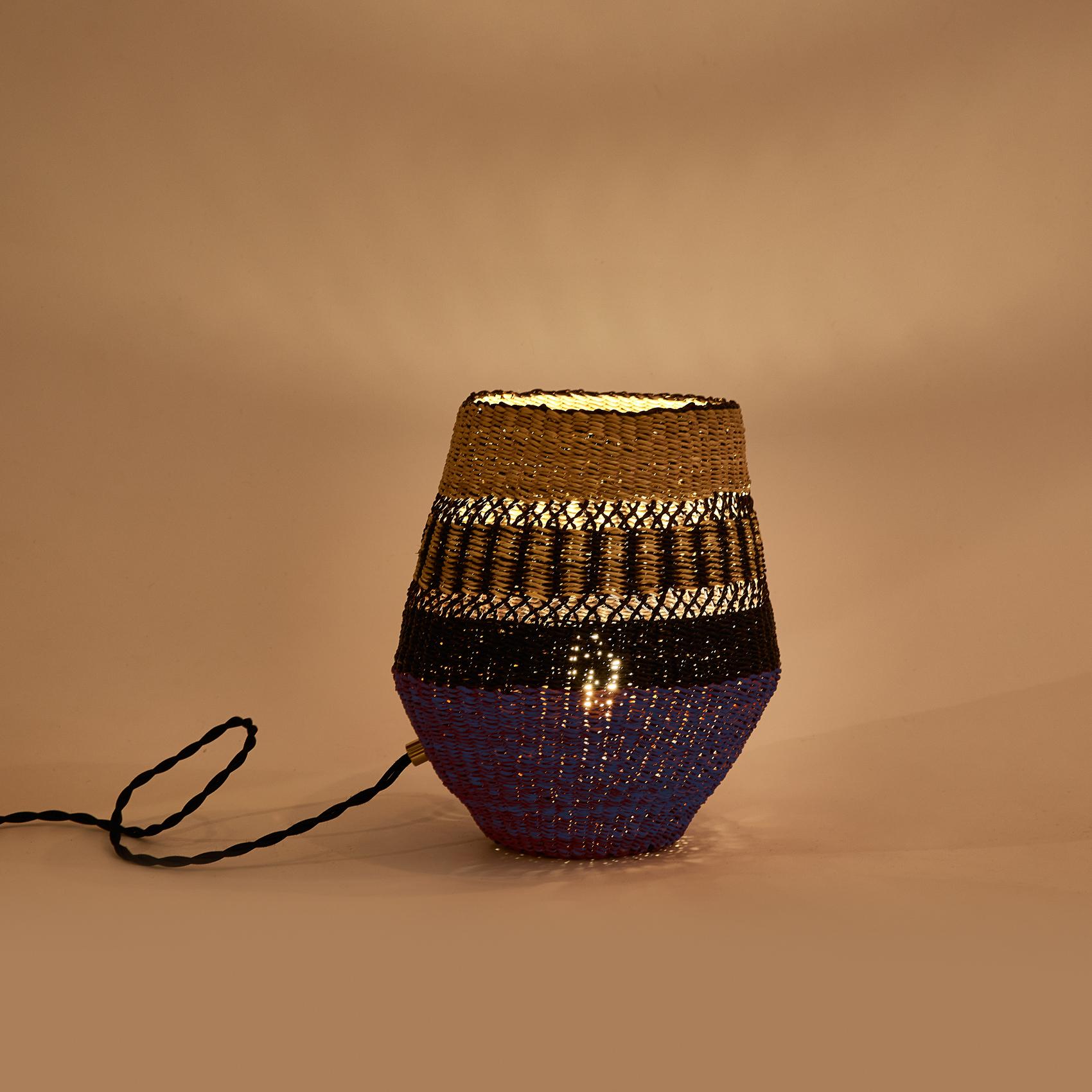 Contemporary Ethnic Handwoven Straw Table Lamp Natural Indigo Blue and ...