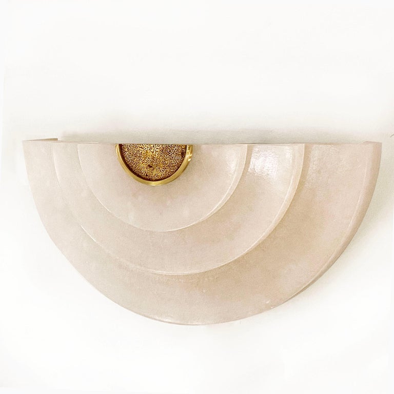 Contemporary European Half Moon Pair of Cream Alabaster and Brass ...