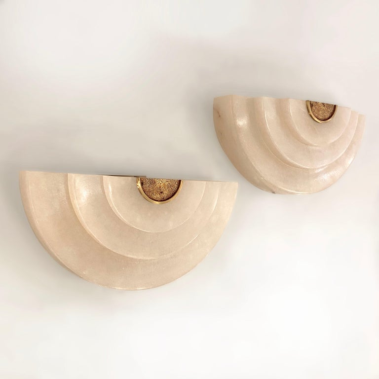 Contemporary European Half Moon Pair of Cream Alabaster and Brass ...