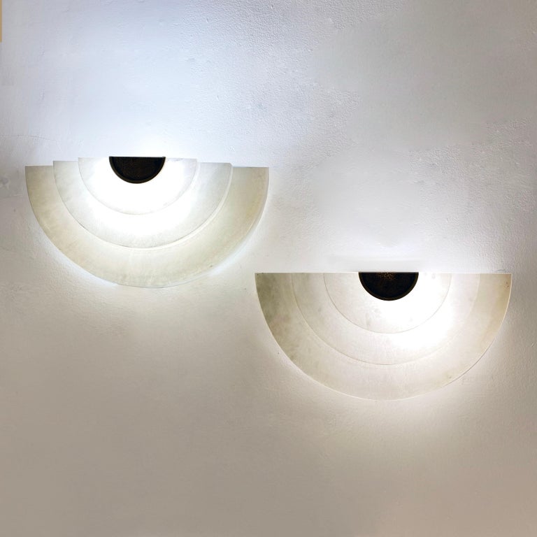 Contemporary European Half Moon Pair of Cream Alabaster and Brass ...